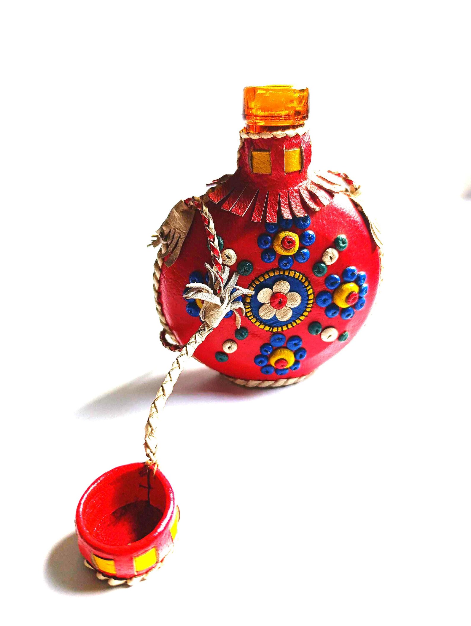 Vintage Handmade Leather Wrapped Flask Set 70s, Decorative Glass Bottle ...