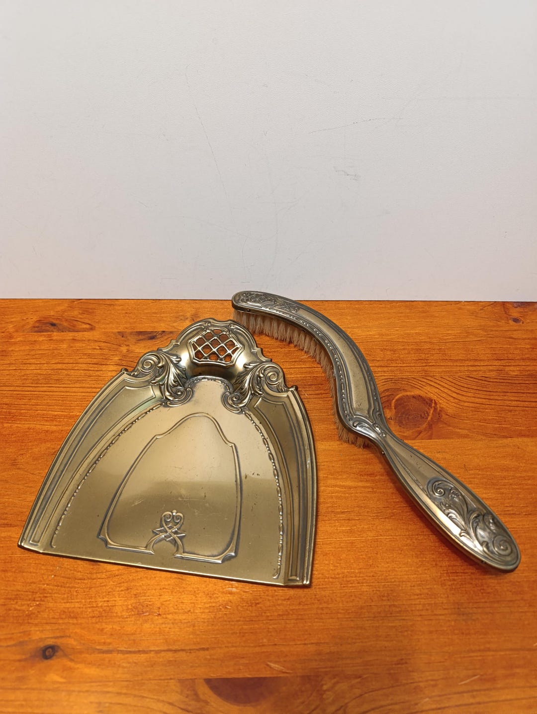 Antique ART NOUVEAU Brass Crumb Tray and Brush Set, Vintage Silent ...