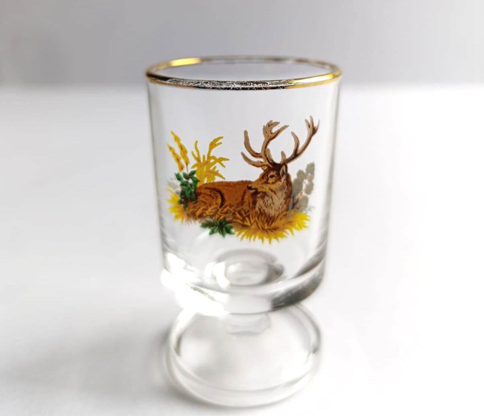 Set of 6 Shot Woodland Glasses Clear Glass Gold Rim Forest Animals Wild ...
