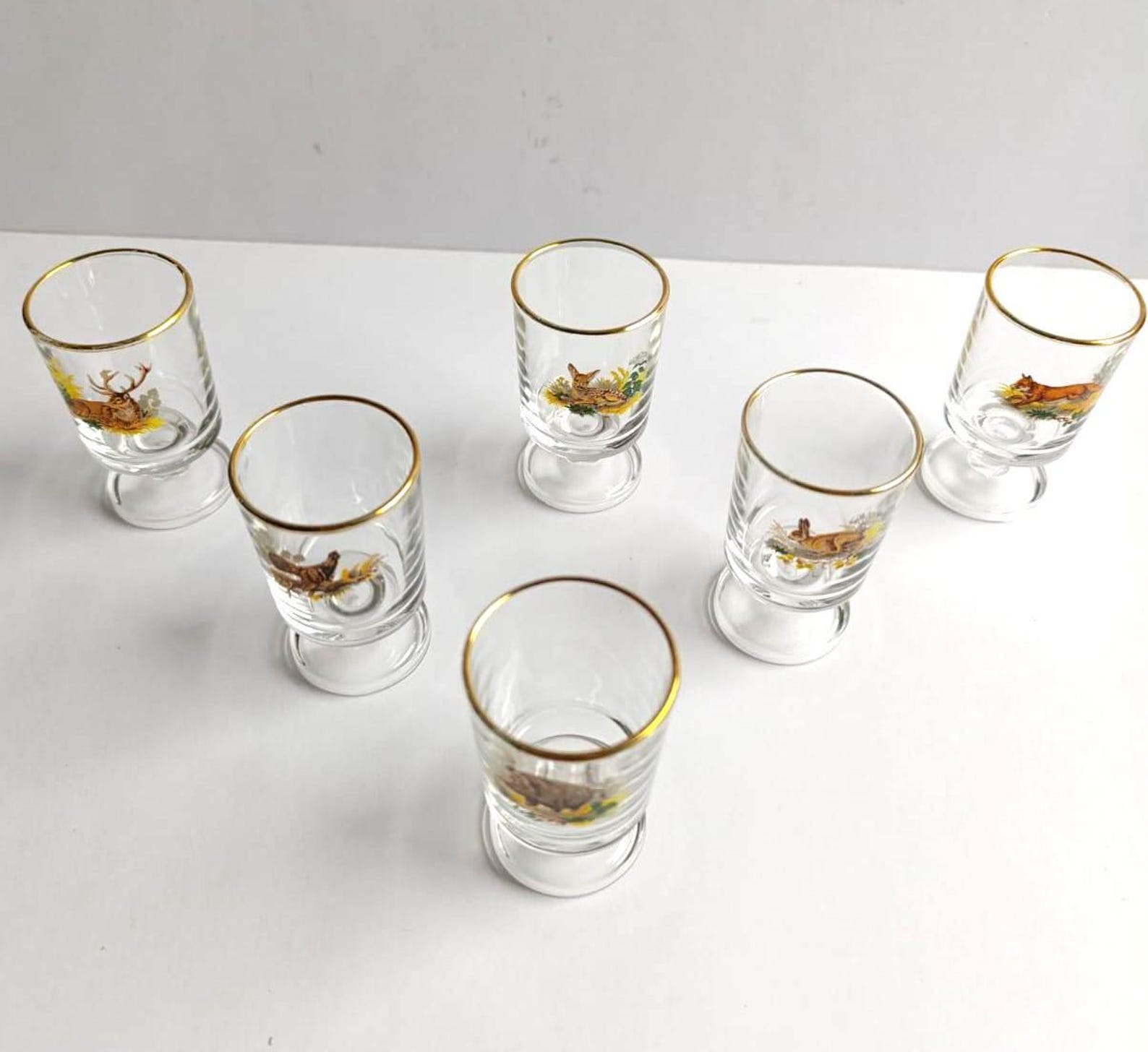 Set of 6 Shot Woodland Glasses Clear Glass Gold Rim Forest Animals Wild ...