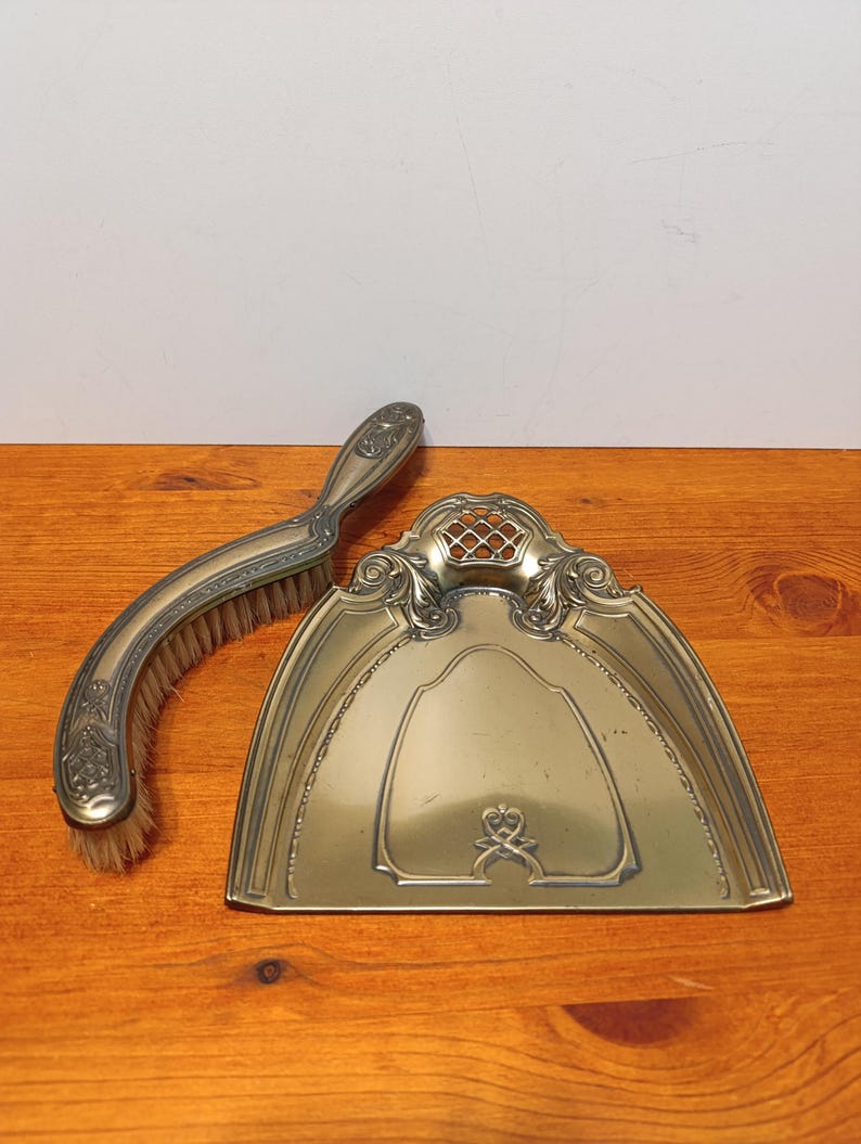 Antique ART NOUVEAU Brass Crumb Tray and Brush Set, Vintage Silent ...