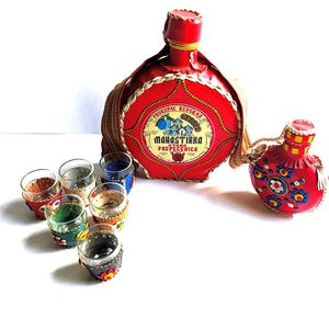 Vintage Handmade Leather Wrapped Flask Set 70s, Decorative Glass Bottle ...