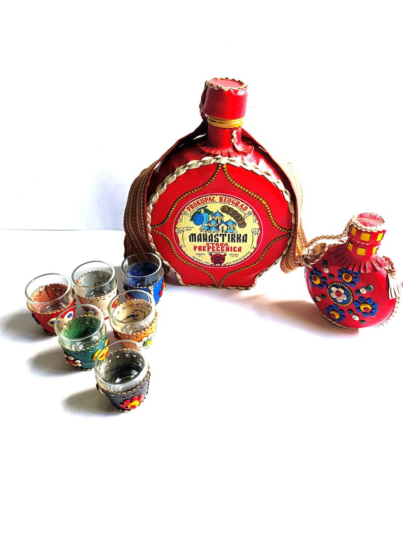 Vintage Handmade Leather Wrapped Flask Set 70s, Decorative Glass Bottle ...