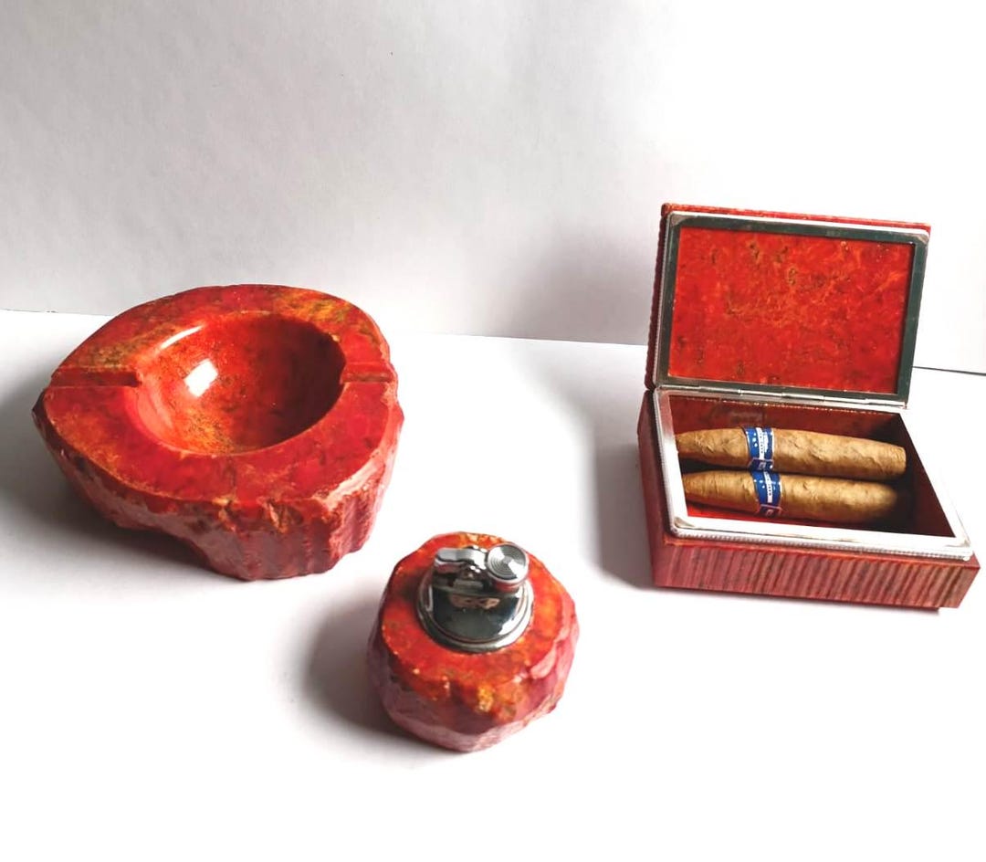 Italian Red Alabaster Cigar Set - Ashtray, Lighter & Humidor Cigarette ...