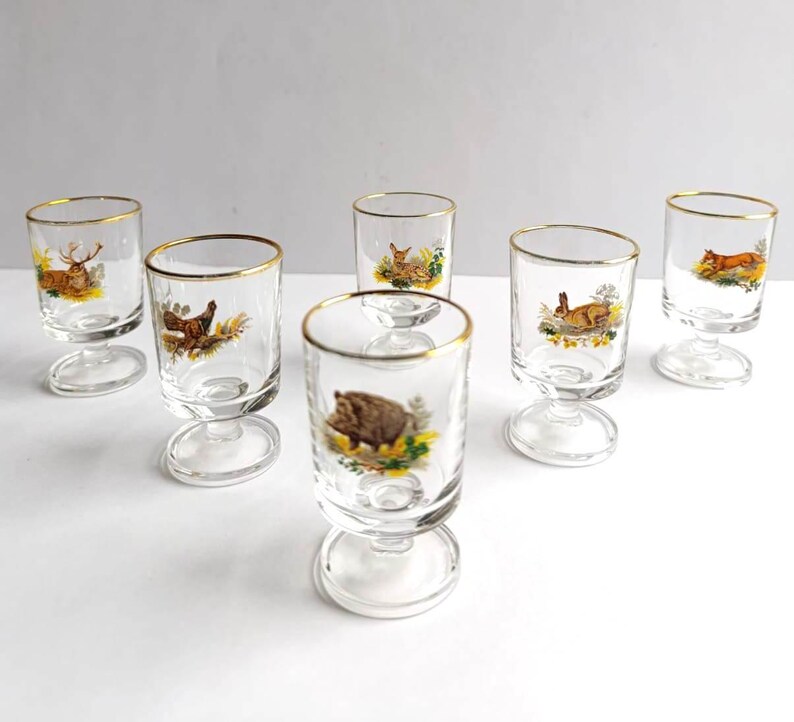 Set of 6 Shot Woodland Glasses Clear Glass Gold Rim Forest Animals Wild ...