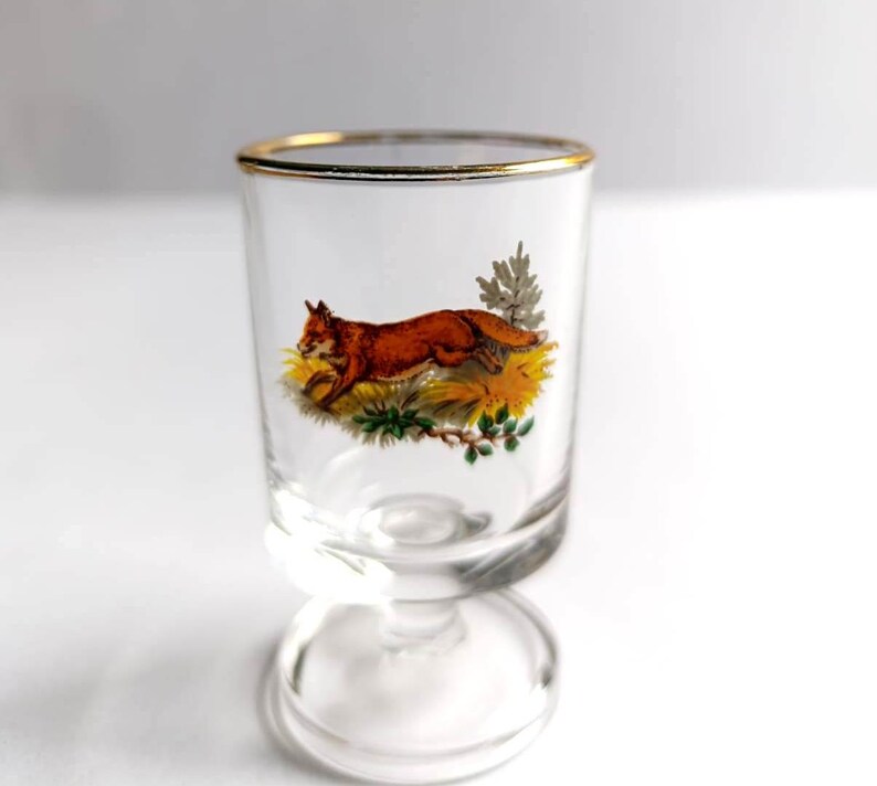 Set of 6 Shot Woodland Glasses Clear Glass Gold Rim Forest Animals Wild ...