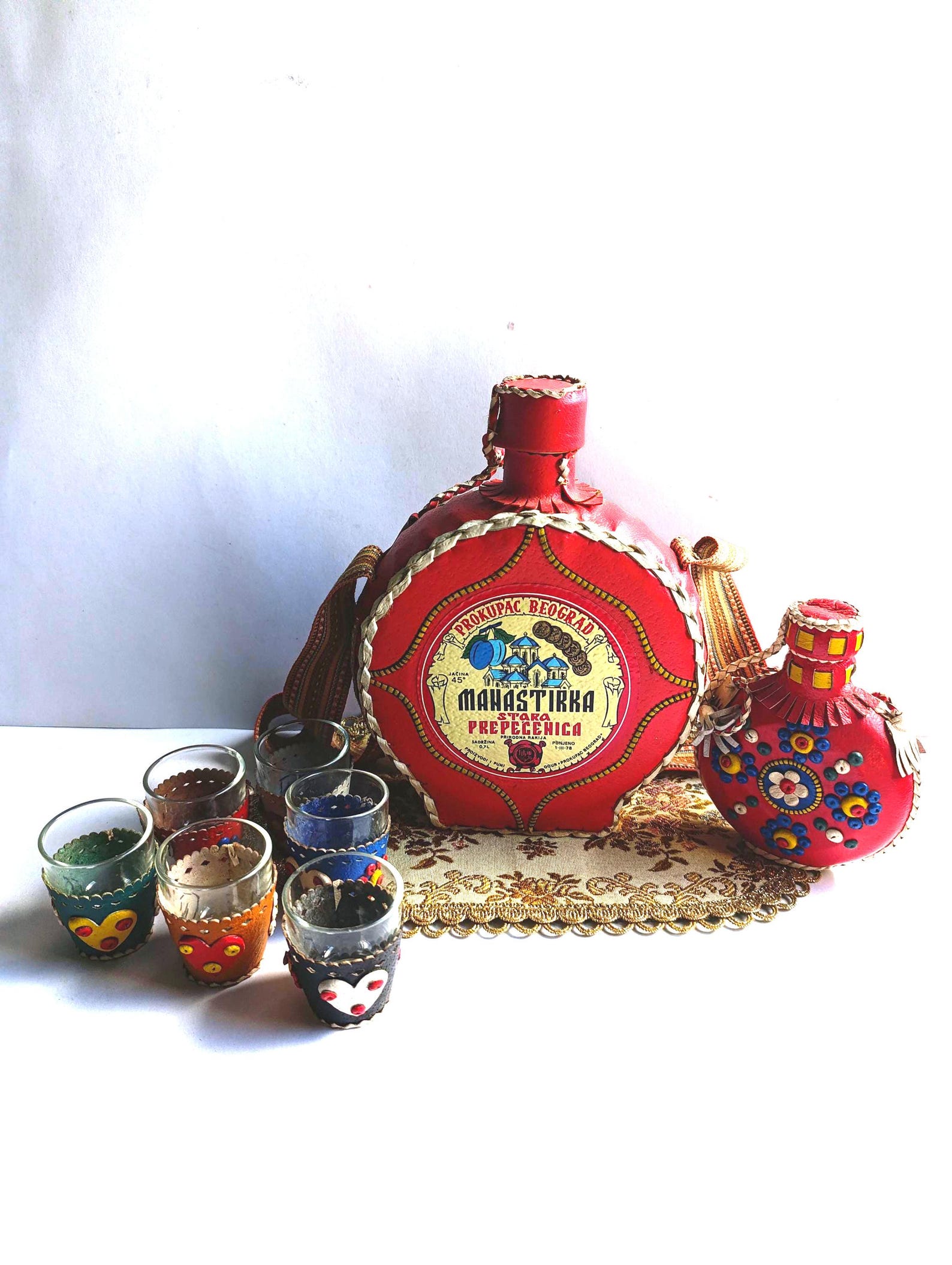 Vintage Handmade Leather Wrapped Flask Set 70s, Decorative Glass Bottle ...