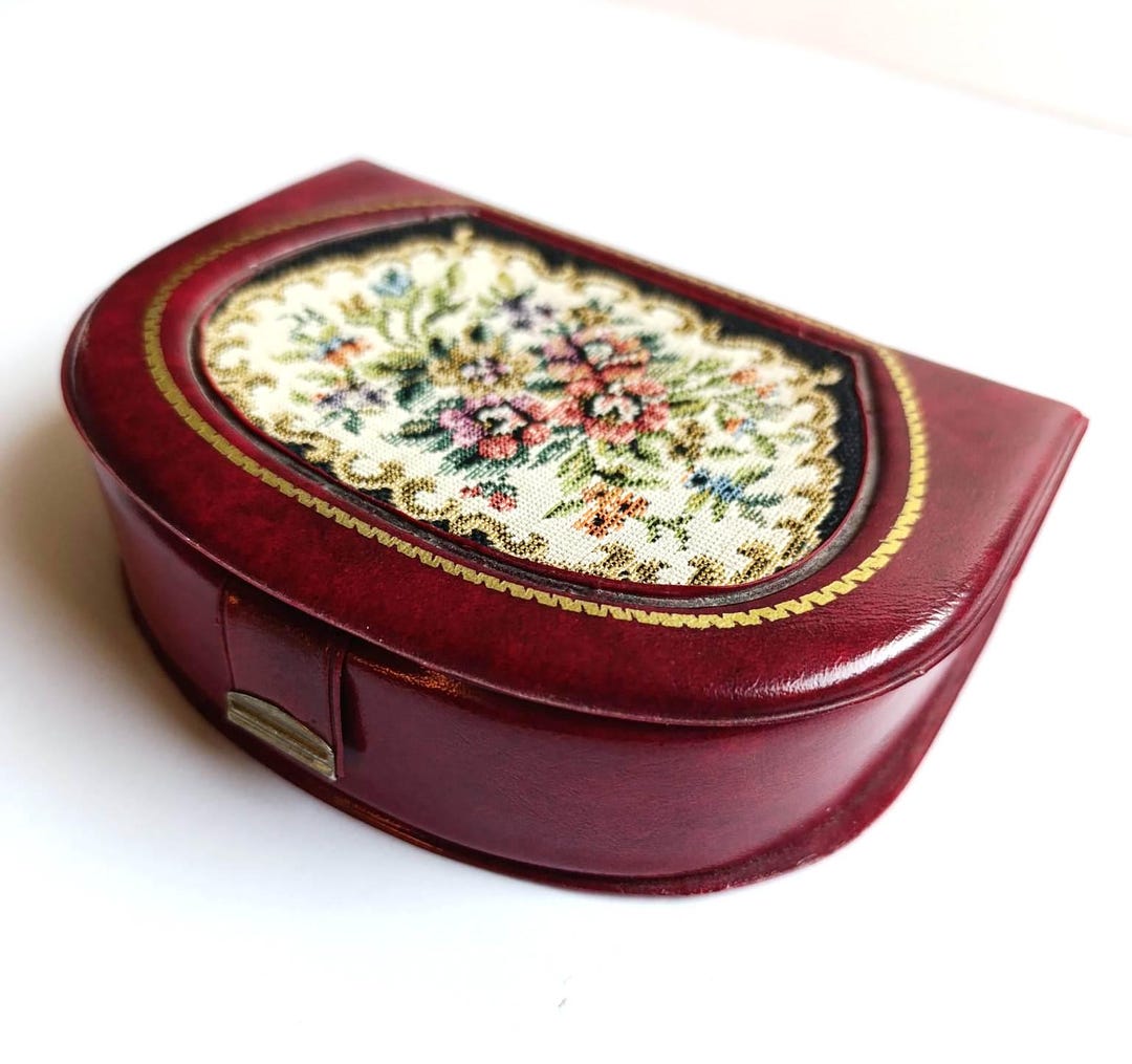Vintage Burgundy Faux Leather Jewelry Box With Floral Tapestry, Blue ...