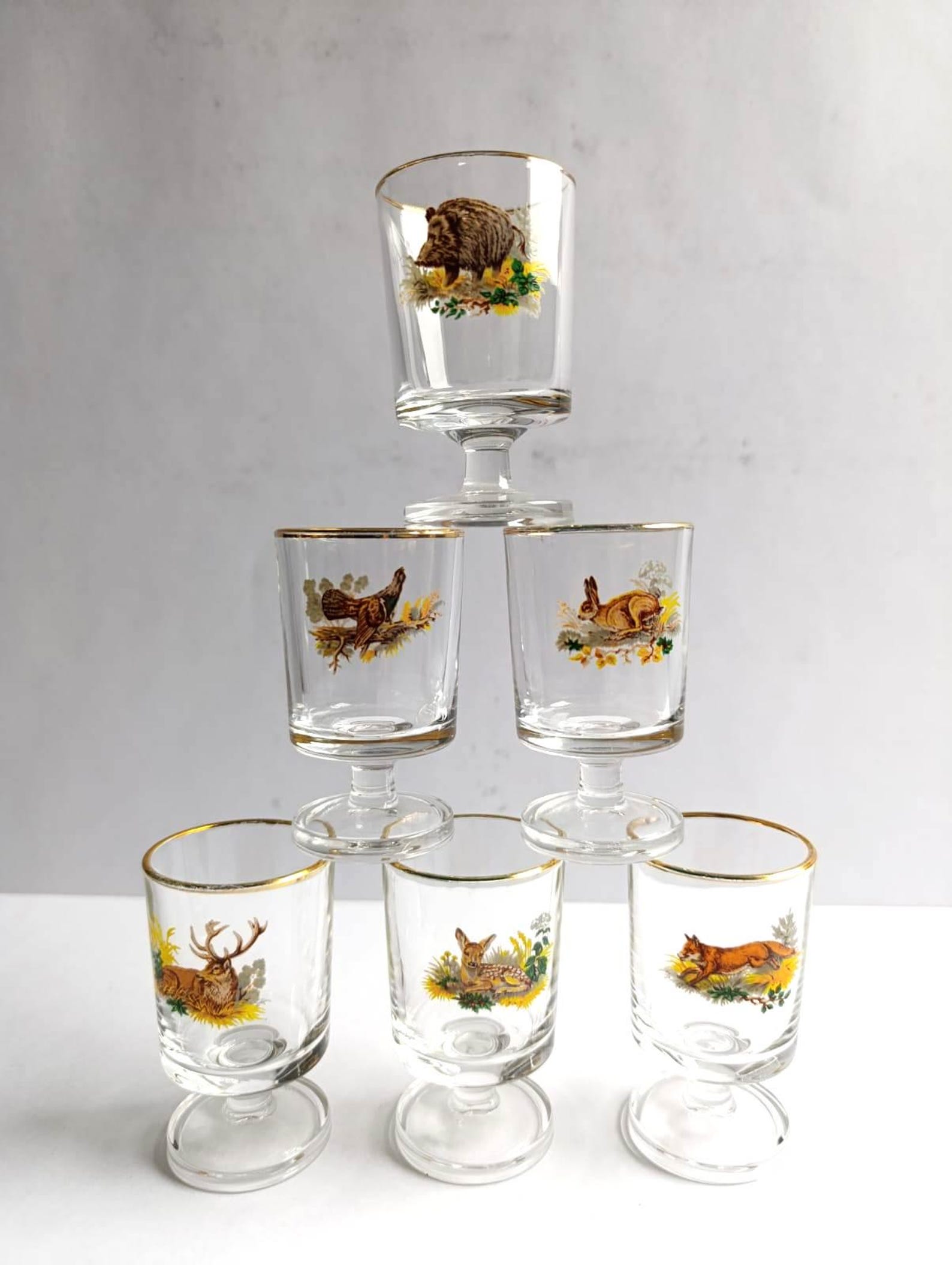 Set of 6 Shot Woodland Glasses Clear Glass Gold Rim Forest Animals Wild ...