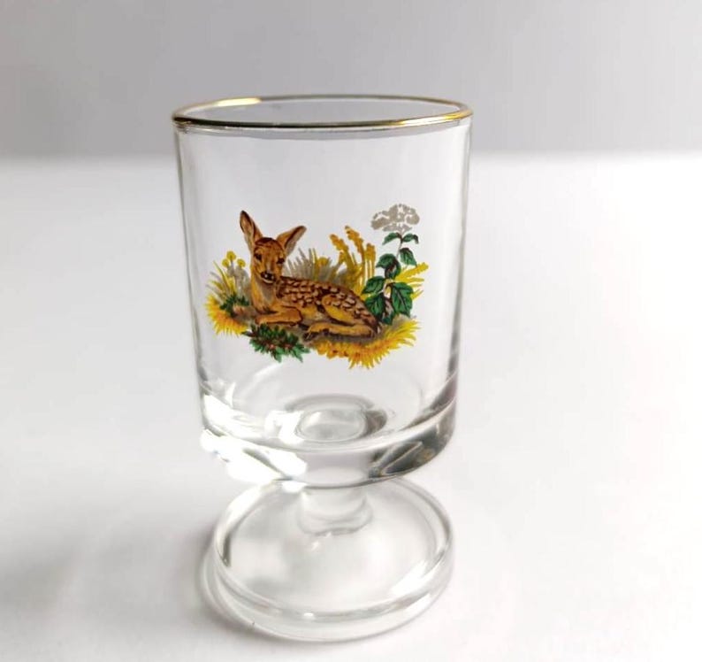 Set of 6 Shot Woodland Glasses Clear Glass Gold Rim Forest Animals Wild ...