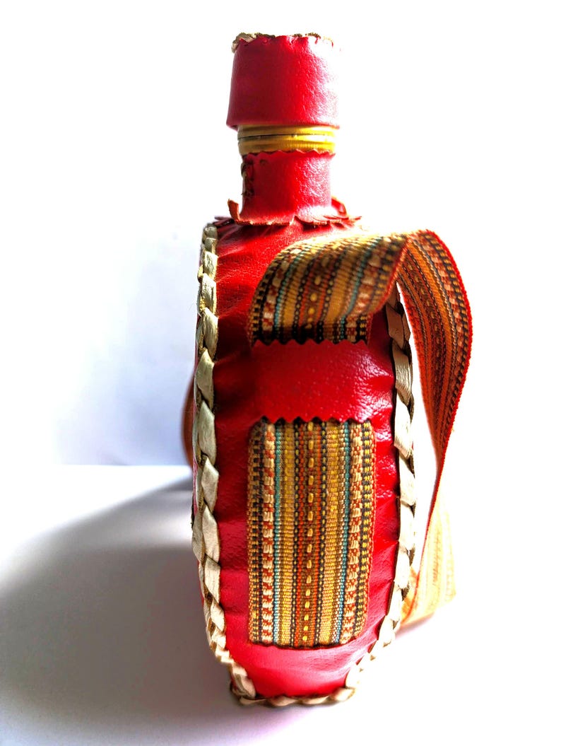 Vintage Handmade Leather Wrapped Flask Set 70s, Decorative Glass Bottle ...