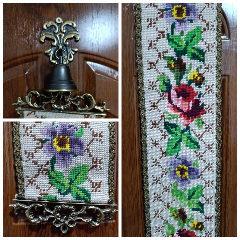 Vintage Estate Needlepoint Bell Pull With Bell Wall Hanging With Bronze ...