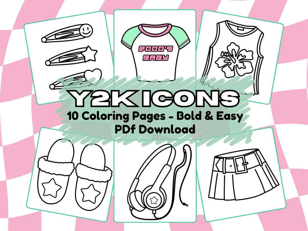 Y2K Aesthetic Coloring Pages, 10 Easy Printable Sheets for Stress ...