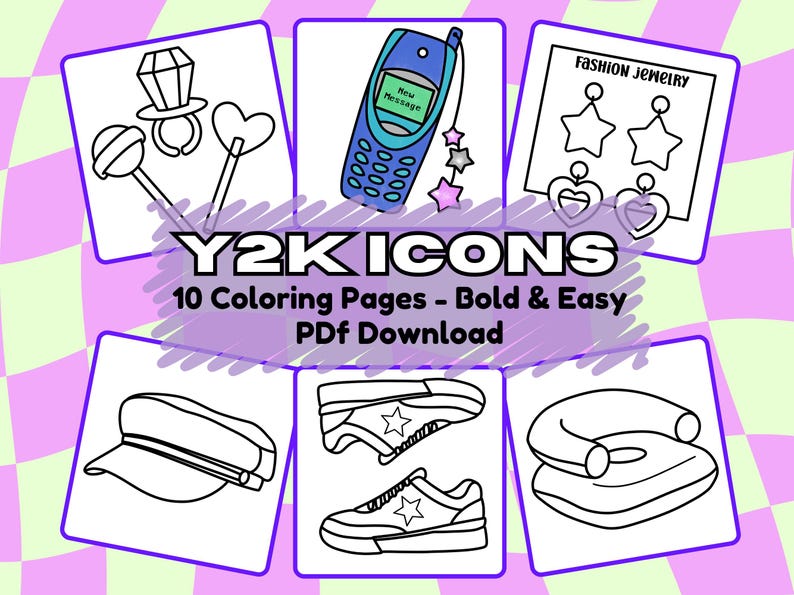 Y2K Aesthetic Coloring Pages, 10 Easy Printable Sheets for Stress ...