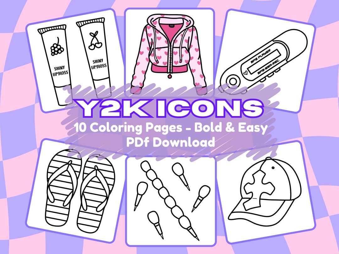 Y2K Aesthetic Coloring Pages, 10 Easy Printable Sheets for Stress ...
