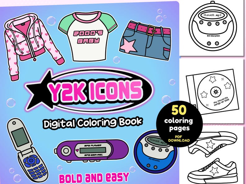50 Bold & Easy Coloring Pages, Y2K Aesthetic, Coloring Sheets, Coloring ...