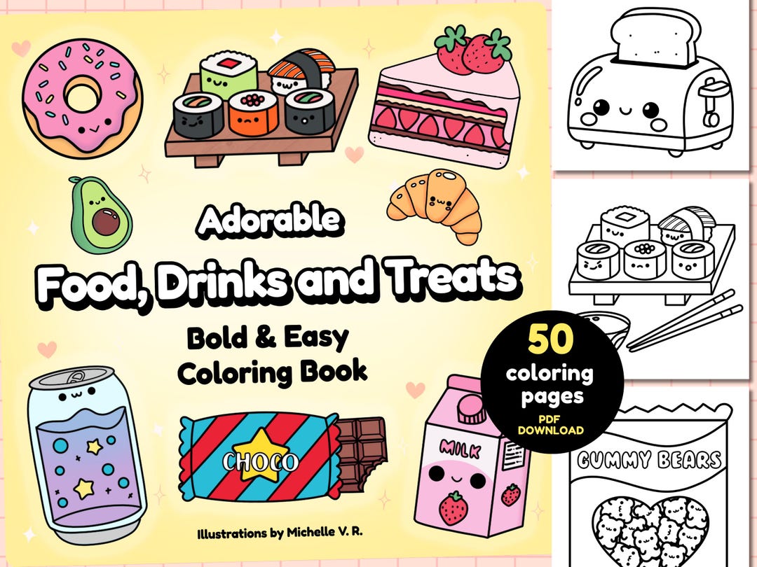 Kawaii Food Coloring Book, Bold and Easy Designs for Relaxation ...