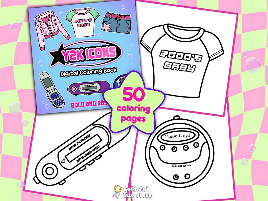 Y2K Fashion Coloring Pages, Bold and Easy Coloring Book, Satisfying ...