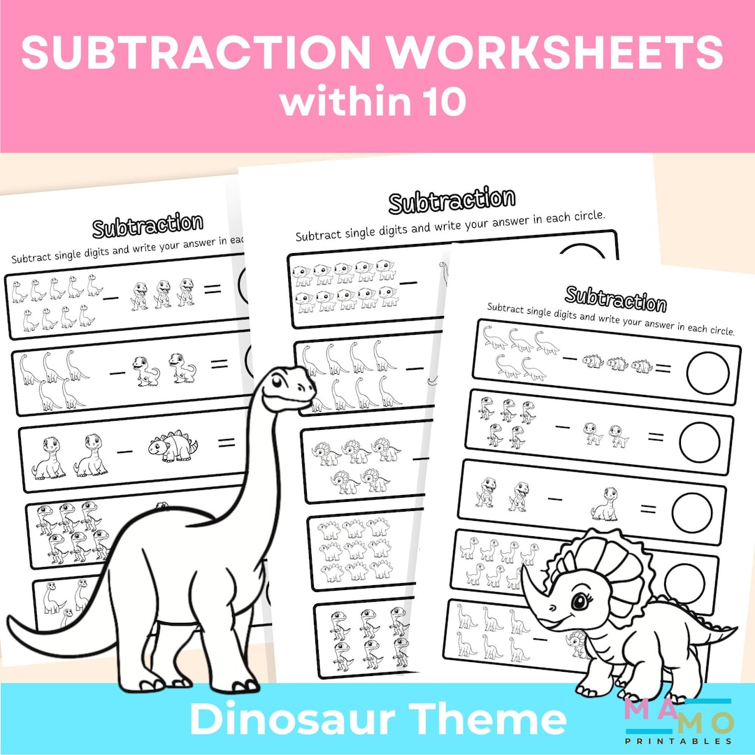 Fun Dinosaur-themed Subtraction Worksheets Within 10 for Grade 1 ...