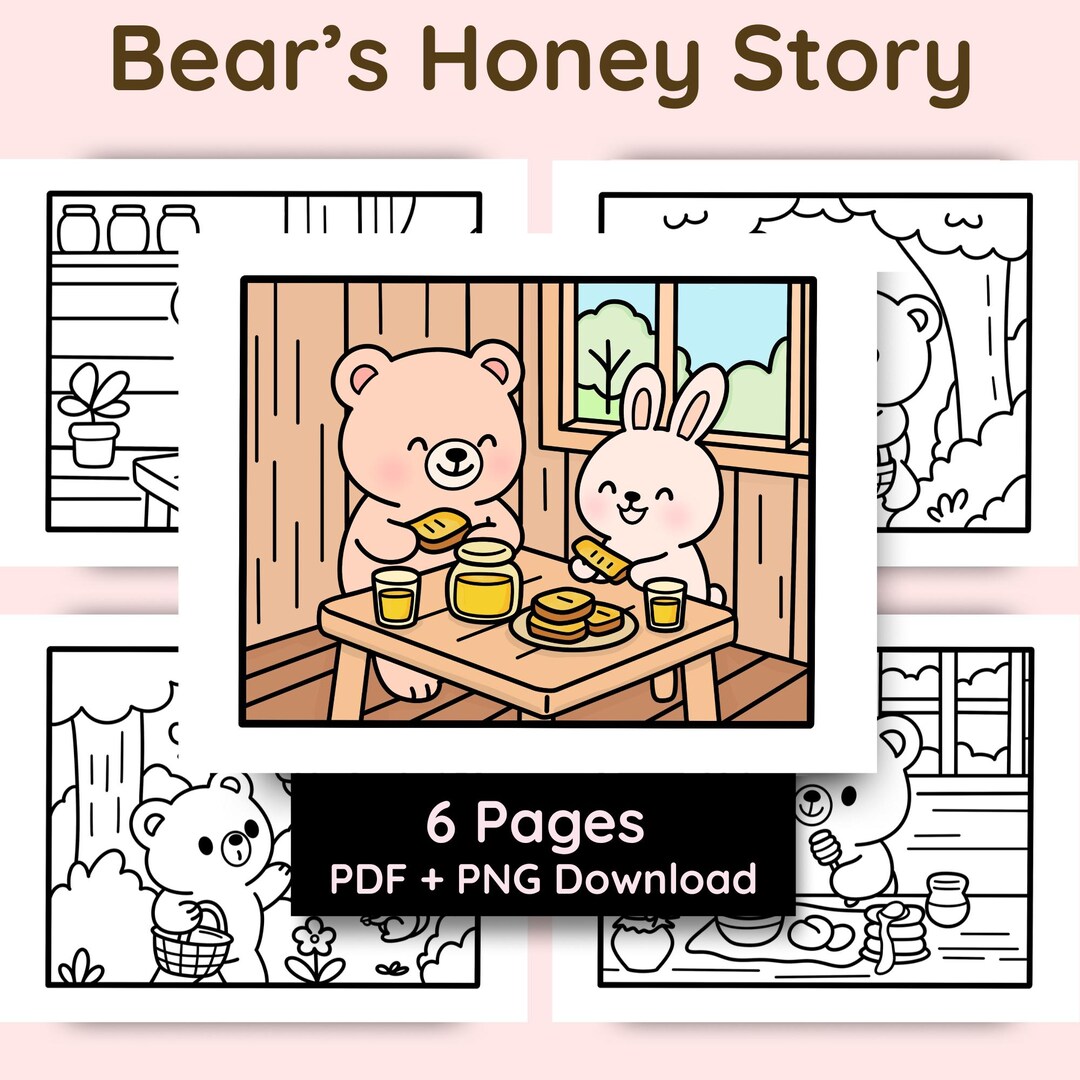 Bear’s Honey Story Coloring Pages – Kawaii Bear Bunny | 6 Scene PDF ...