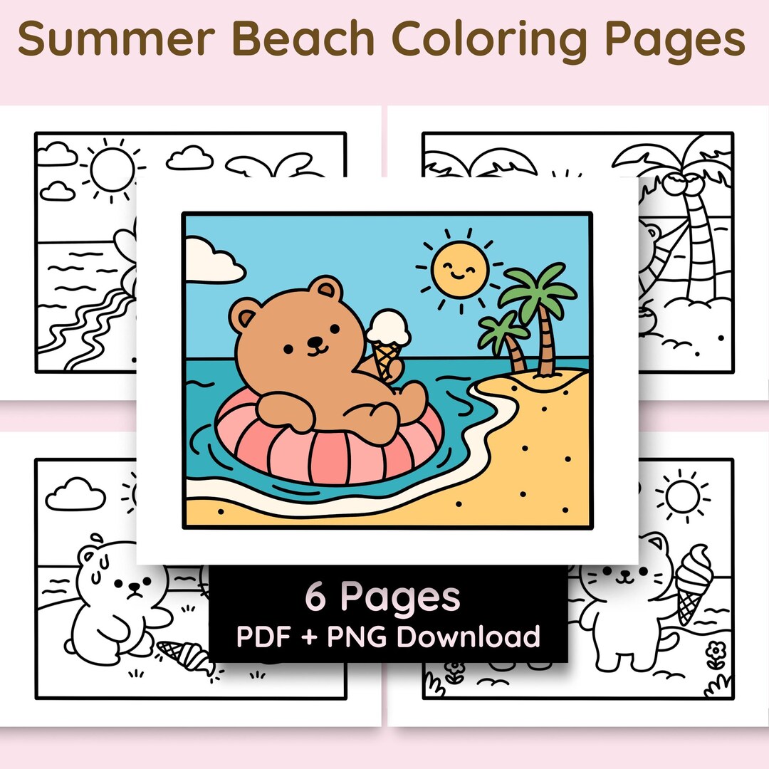 Beach Animal Coloring Pages, Cute Summer Scenes, Kawaii Bear, Bunny ...
