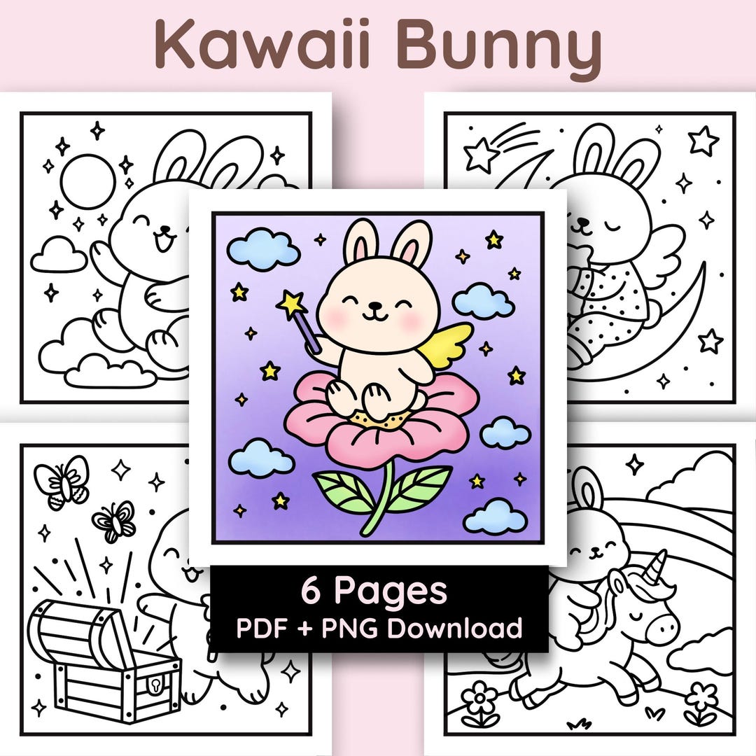 Kawaii Bunny Coloring Pages – Cute Fairy Bunny, Night Sky, Moon, Stars ...