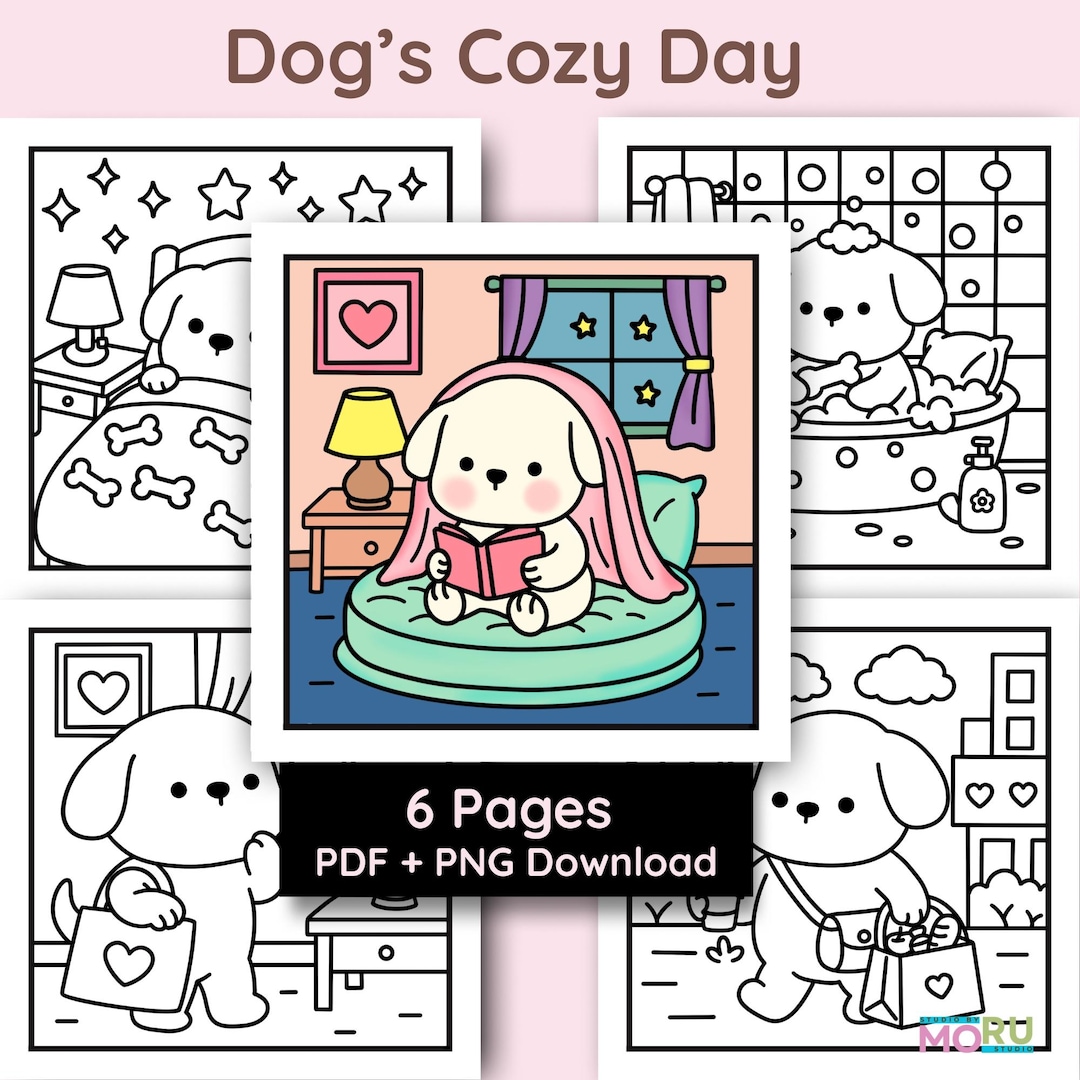 Dog’s Cozy Day Coloring Pages – Cute & Easy for Kids and Adults, PDF ...