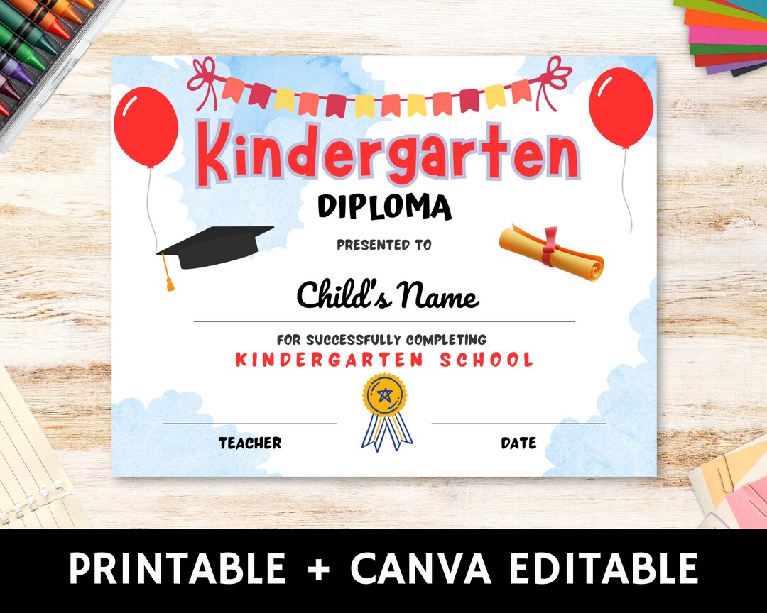 Kindergarten Diploma Template | Editable Graduation Certificate ...