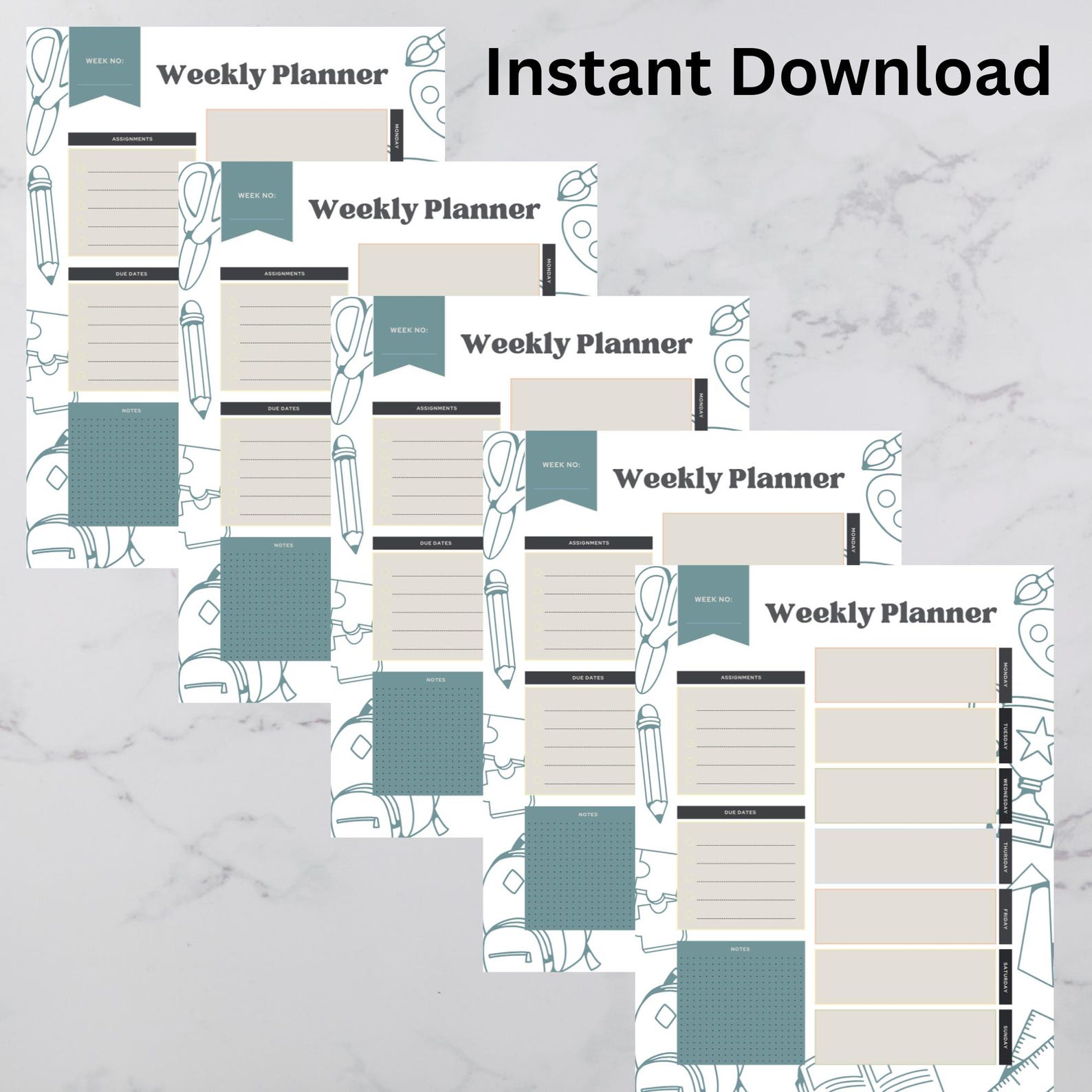 Weekly Student Planner Printable PDF | Undated Homework Organizer ...