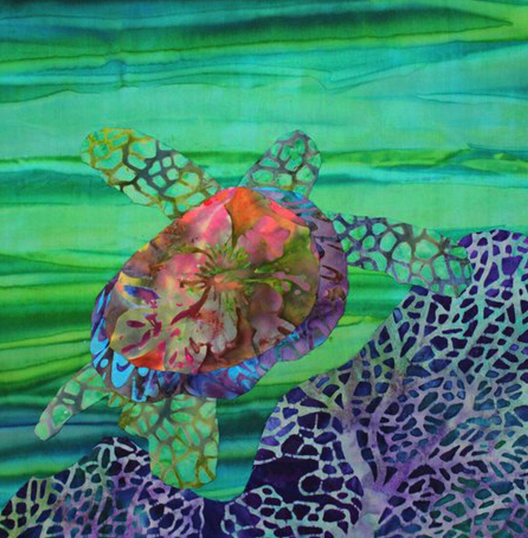 Sea Turtle Green Fabric Panel Ocean Purple Reef Batiks Beach Coastal ...