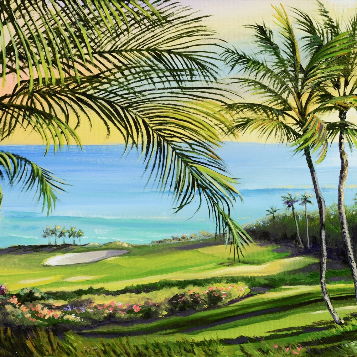 Tropical Oceanfront Golf Course Fabric Quilt Square Coastal Maui ...