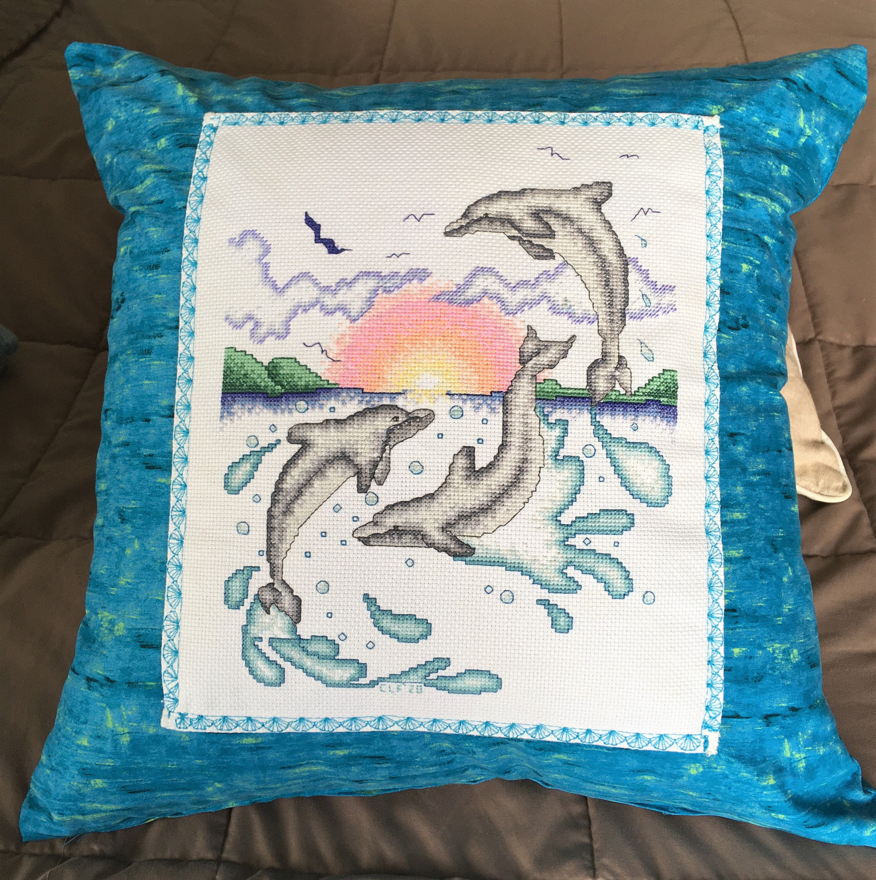 Three DOLPHINS Fabric Quilt Panel Playing at Sunrise Sunset Jumping ...