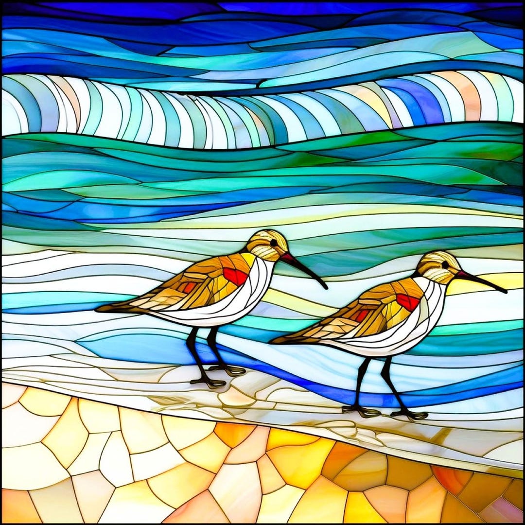 Stained Glass Sandpiper Birds Beach Fabric Quilt Block Running Sand ...