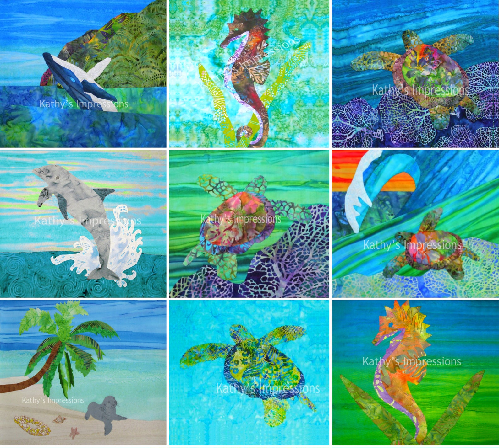 SEA LIFE Fabric Quilt Panel Turtle Dolphin Whale Seal Ocean Beach ...