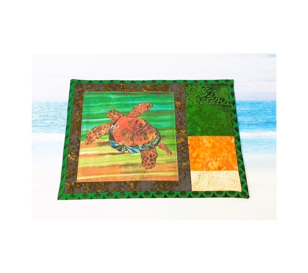 Tropical Sea Turtle Quilted Batik Mug Rug~ Swimming Turtle Ombre Brown ...
