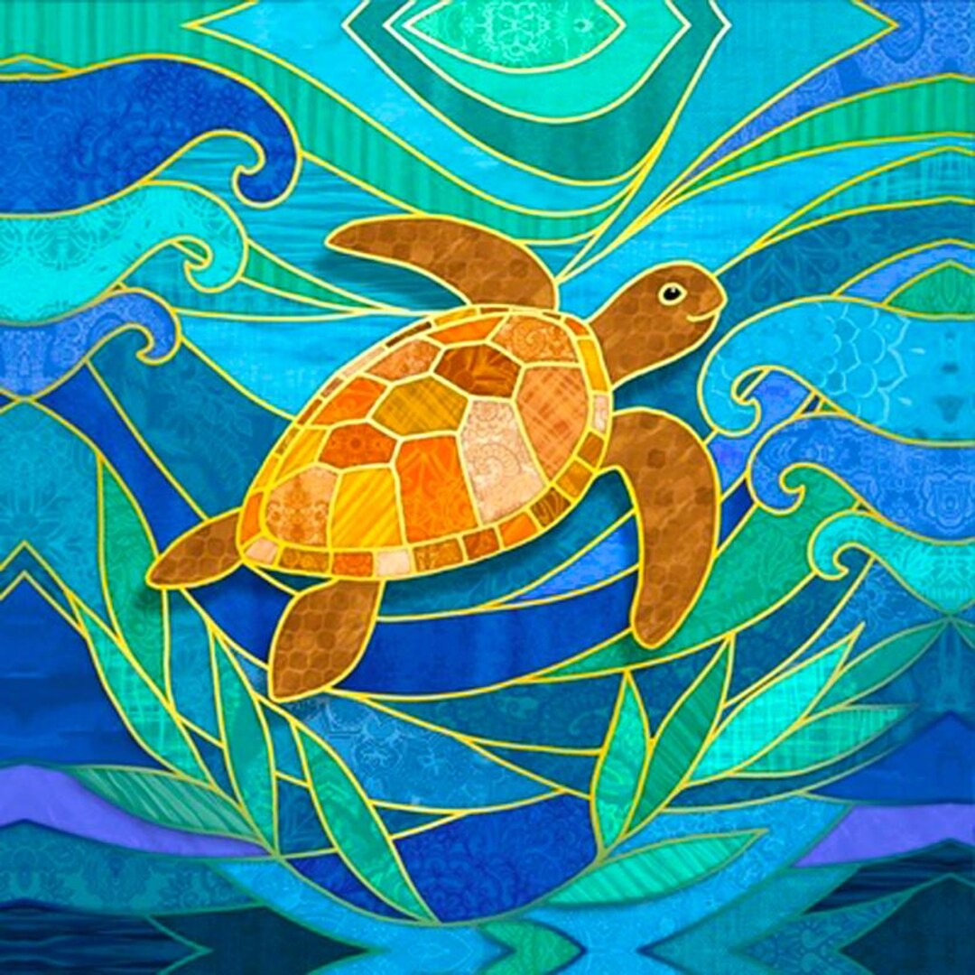Stained Glass Brown Sea Turtle Watercolor Ocean Fabric Quilt Block ...