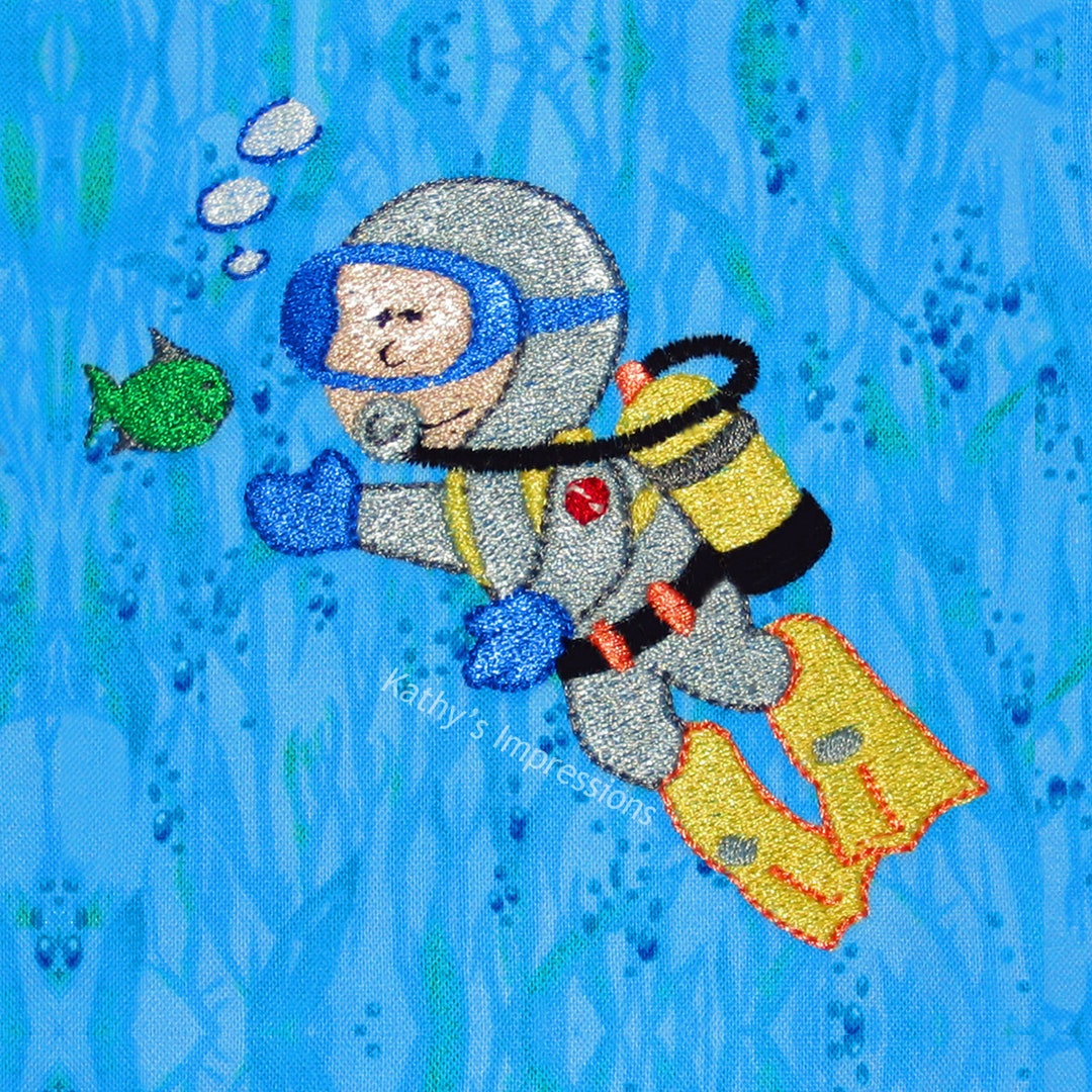 Scuba Diver Boy Fabric Quilt Block Blue Ocean Water Bubbles Sea Grass ...