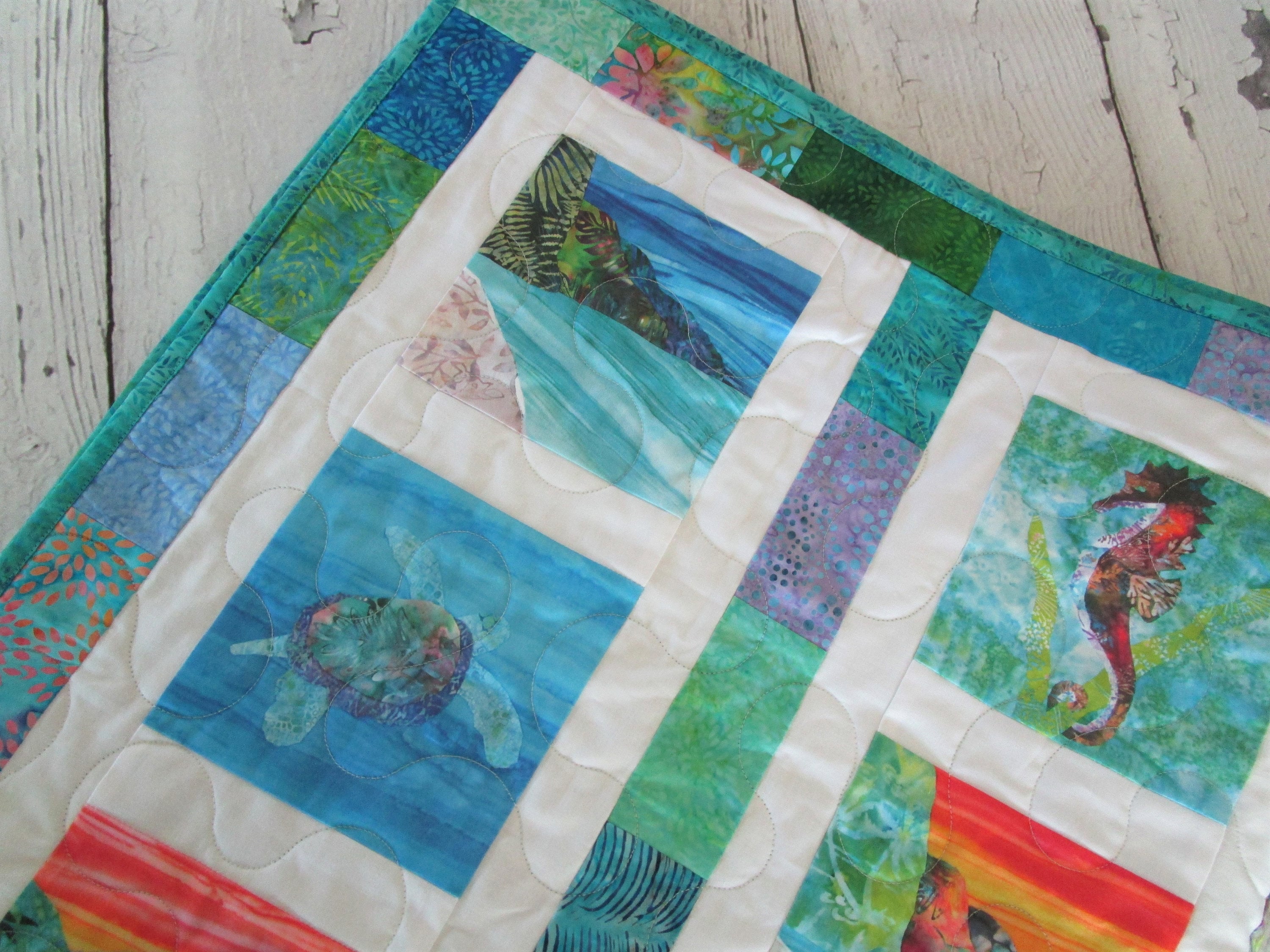 Tropical SEAHORSE Fabric Aqua Ocean Water Quilt Square Panel Hawaii ...