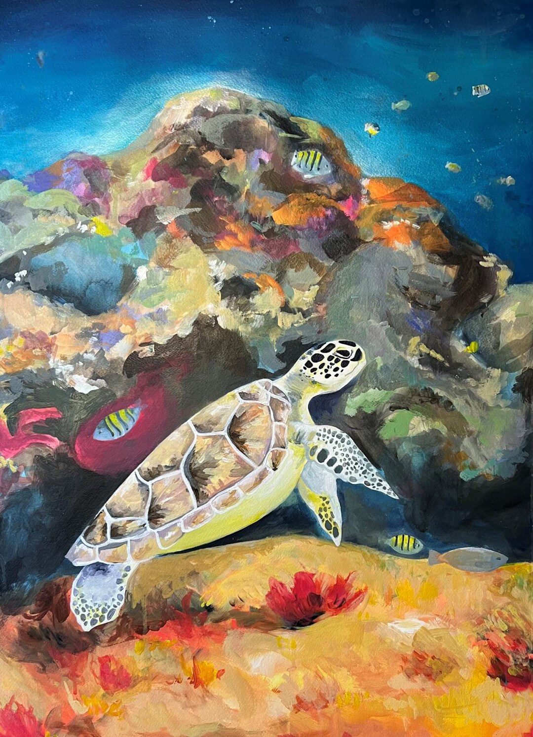 Treasured Sea Turtle Ocean Reef Tropical Fish Painterly Fabric Quilt ...