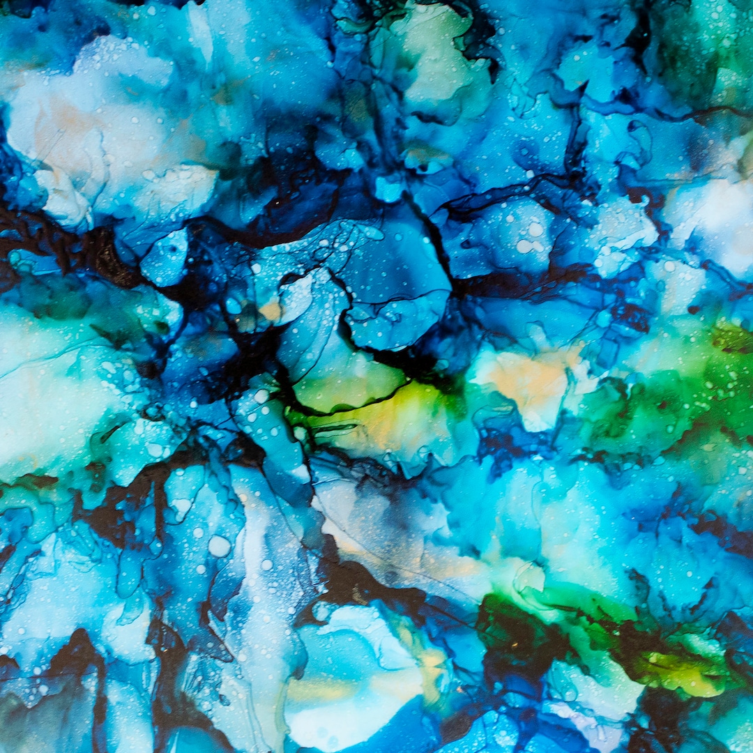 Watercolor Ocean Water Tsunami Fabric Quilt Square Alcohol Ink Coastal ...