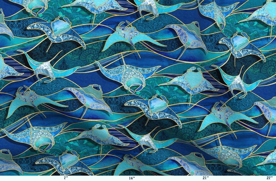 Manta Rays Sapphire Blue Ocean Stained Glass Watercolors Fabric ...
