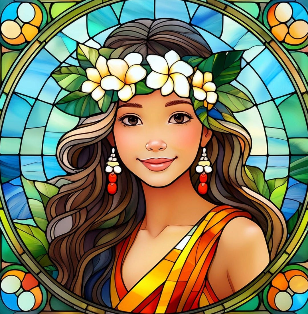 Stained Glass Woman Flower Lei Hawaii Fabric Block Square Tropical ...