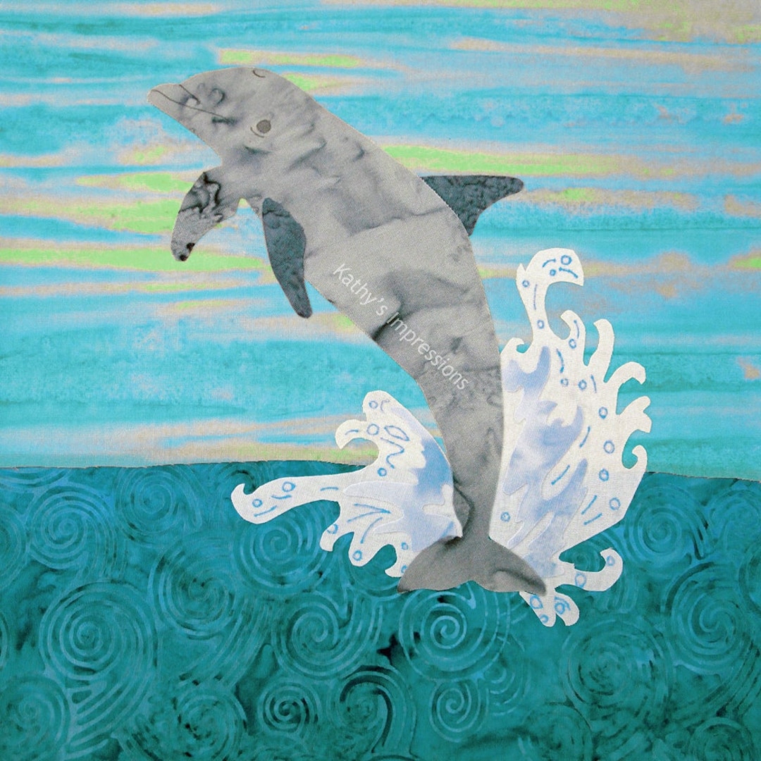 Dolphin Splashing Ocean Water Beach Fabric Panel Quilt Block Turquoise ...