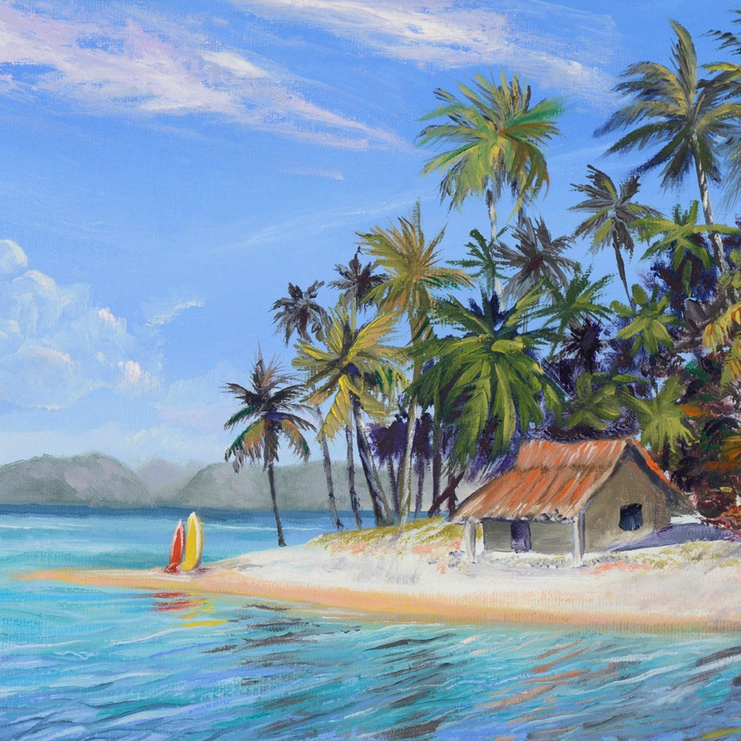 Beach Surf Shack Idyllic Tropical Island Getaway Surfboards Fabric ...