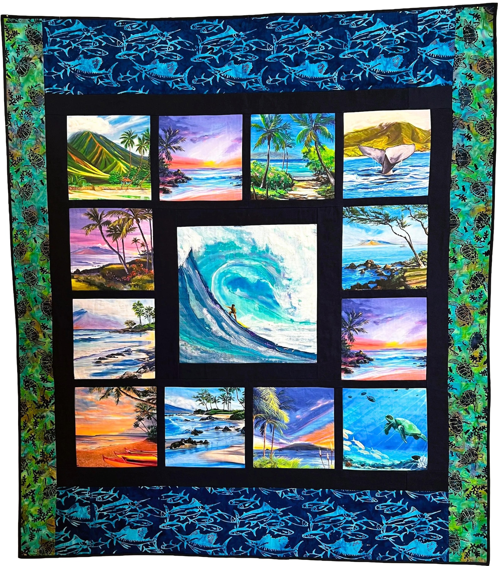 Surfer Ocean Wave Big Kahuna Surf's up Beach Fabric Quilt Block Panel ...