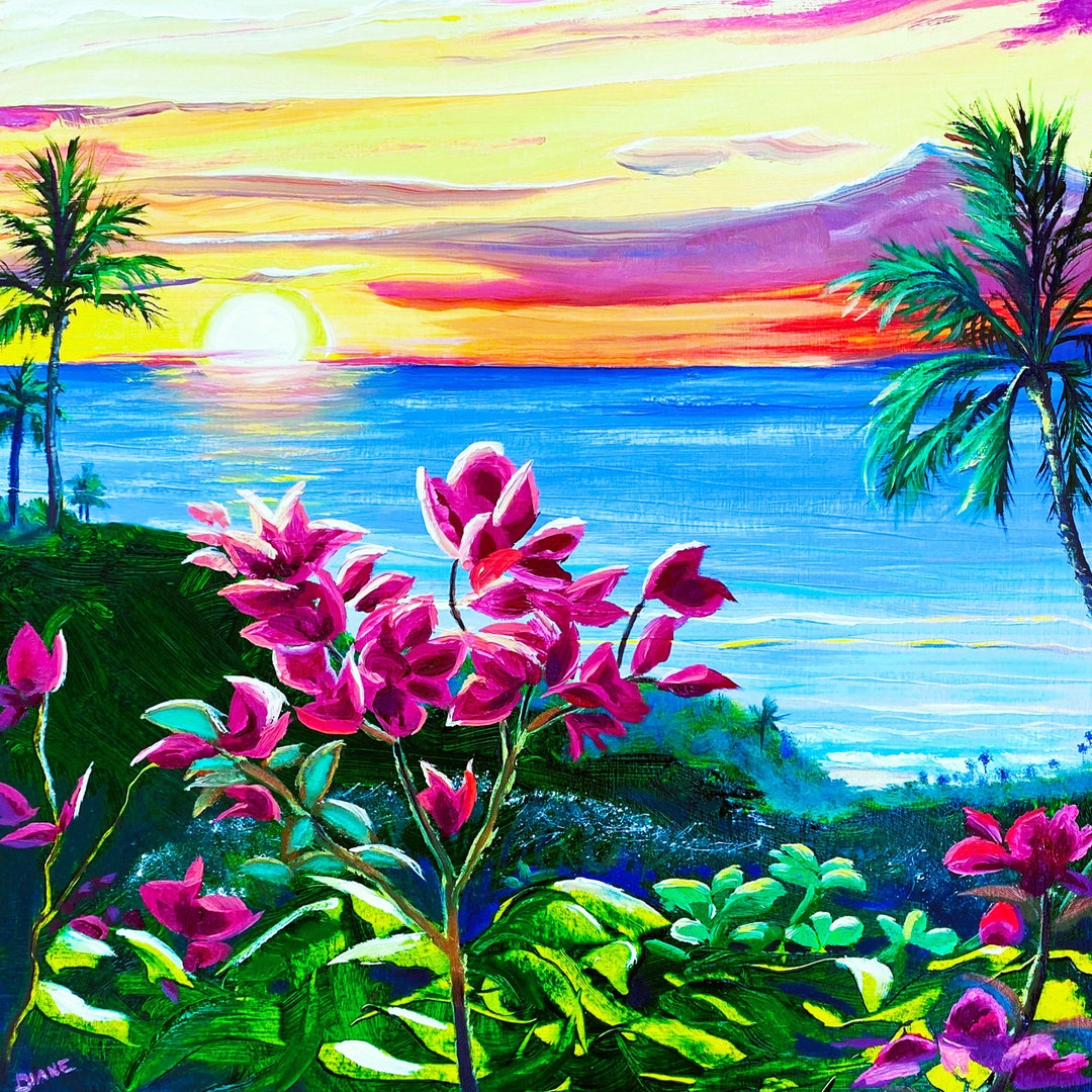Colorful Bougainvillea Tropical Beach Sunset Fabric Quilt Block Panel ...