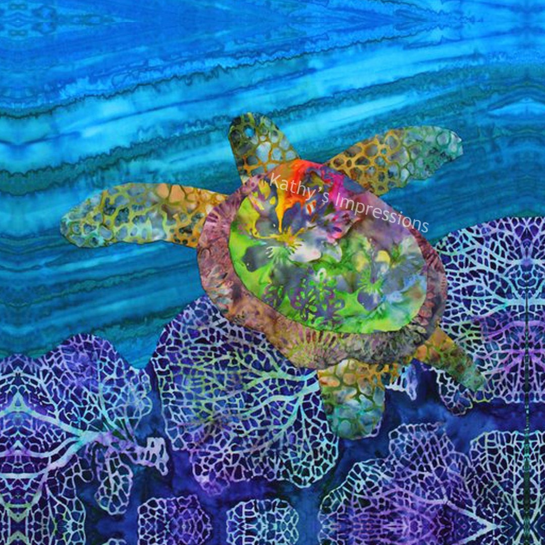 Sea Turtle Blue Ocean Purple Reef Fabric Quilt Square Block Coastal ...