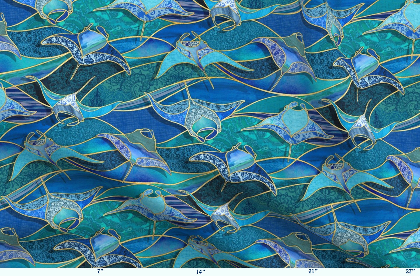 MANTA RAYS Ocean Fabric Panel Stained Glass Watercolors~ Tropical Blue ...