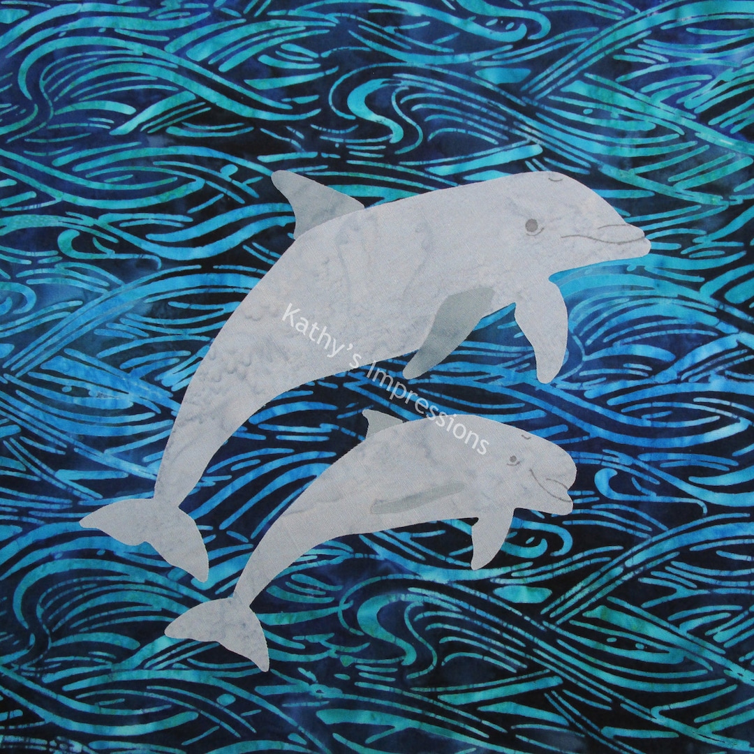 Dolphins Swimming Fabric Quilt Square Blue Ocean Coastal Beach Sea Life ...