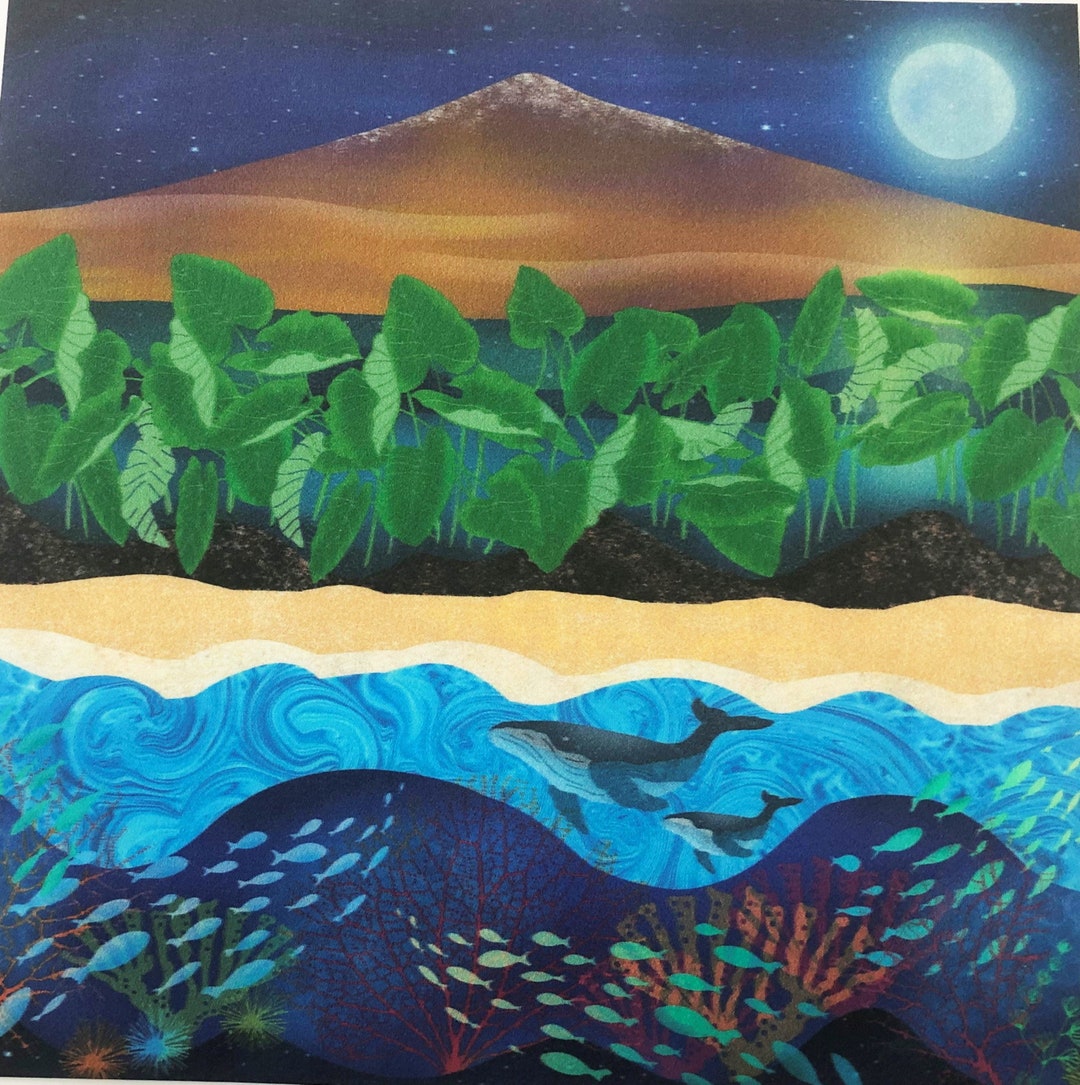 Hawaiian Volcano Mauna Kea Fabric Panel Big Island Quilt Block Taro ...